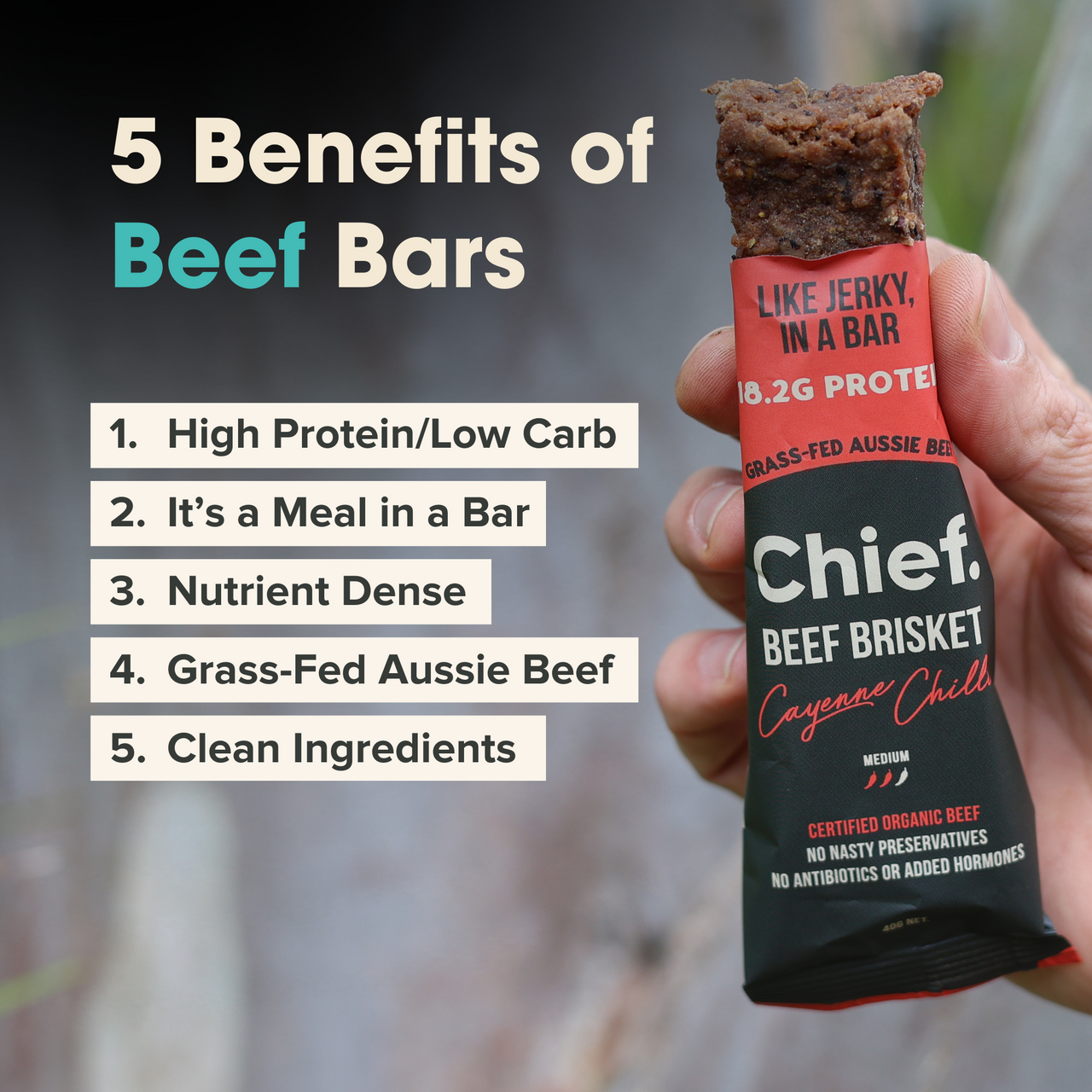 Organic Chilli Beef Bars 40g (12 bars) | Chief Nutrition | Chief Nutrition