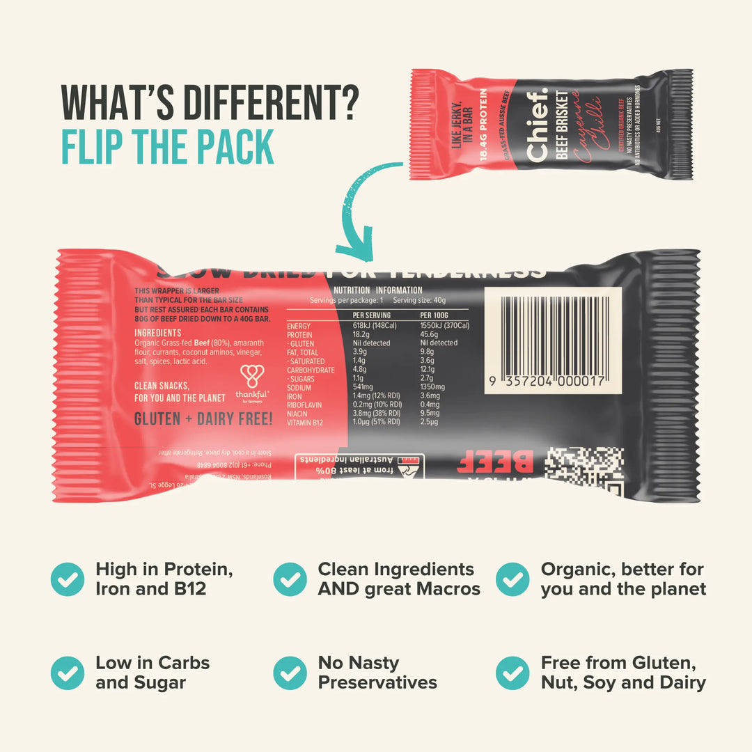Organic Chilli Beef Bars 40g (12 bars) | Chief Nutrition - Chief Nutrition